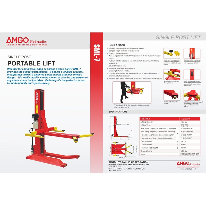 AMGO SML-7 7,000 lbs Single Post Lift — My Garage Supplies